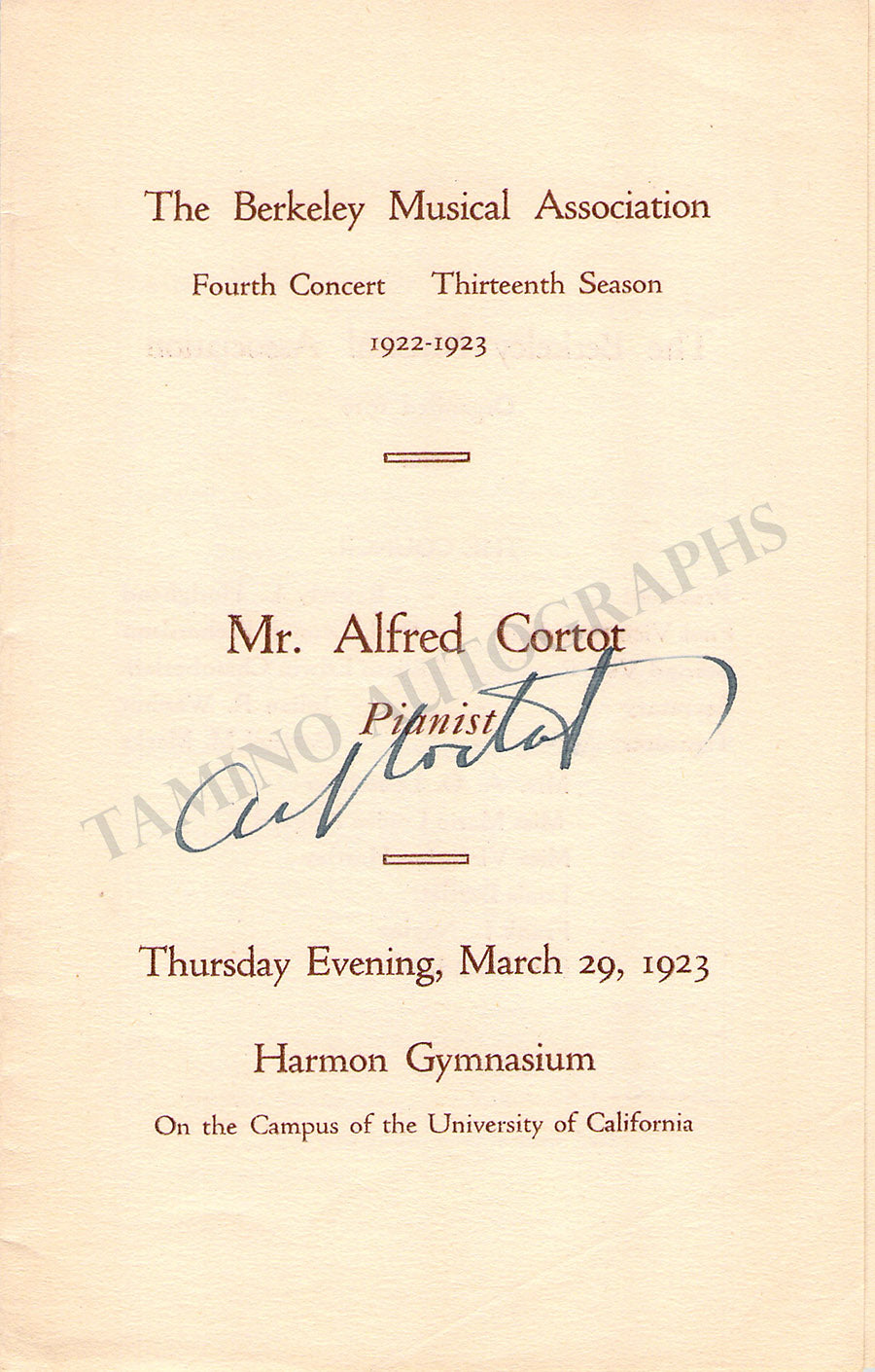 Alfred Cortot Autograph Signed Program 1923 – Tamino