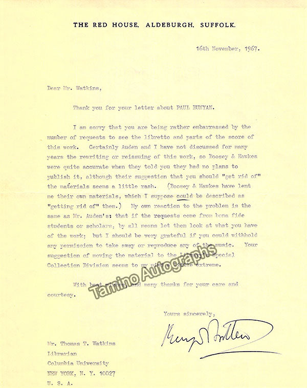 Britten, Benjamin Autographs Manuscripts (Various Options) – Tamino ...