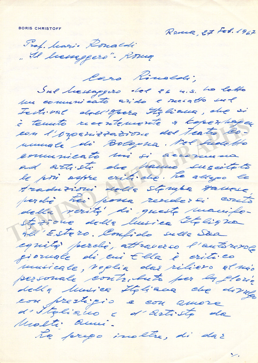 Boris Christoff Autograph Letters Signed 1967 & 1982 – Tamino Autographs