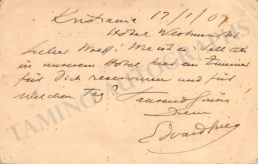 Edvard Grieg Autograph Note Signed 1907 – Tamino