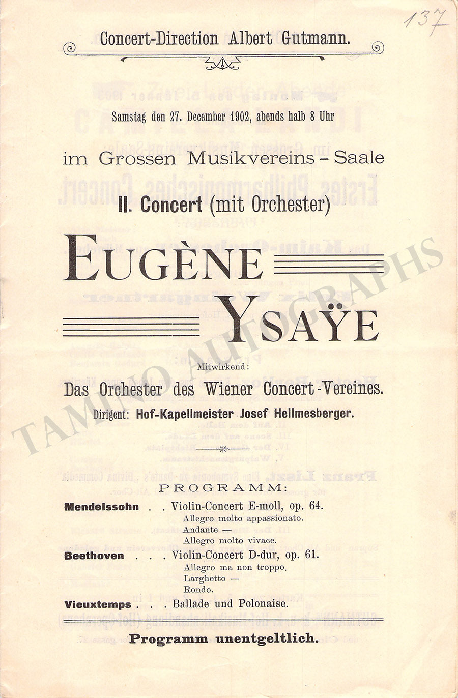 Eugene Ysaye Concert Programs Vienna 1902-1911 Set x 8 – Tamino