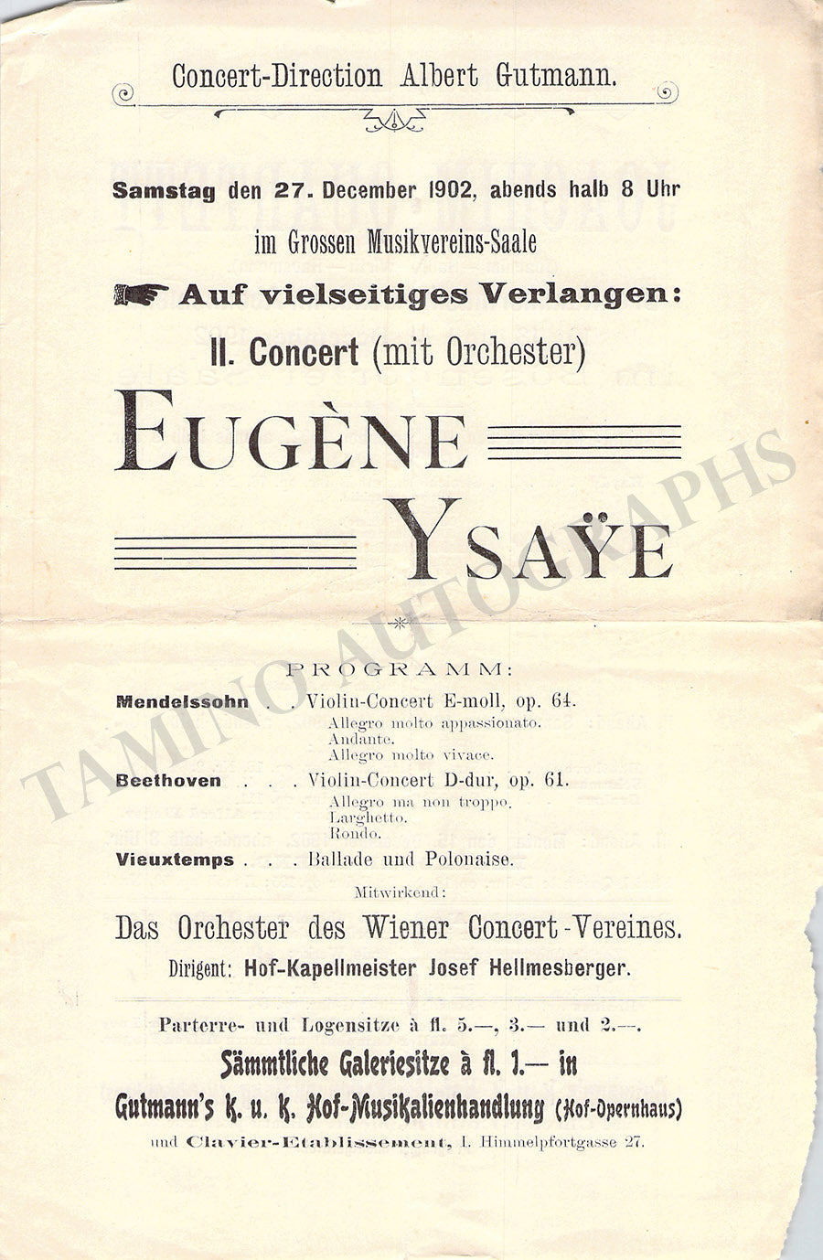 Eugene Ysaye Concert Programs Vienna 1902-1911 Set x 8 – Tamino