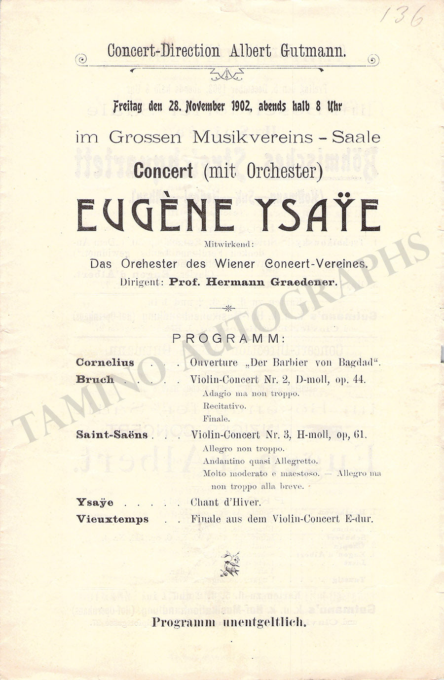 Eugene Ysaye Concert Programs Vienna 1902-1911 Set x 8 – Tamino