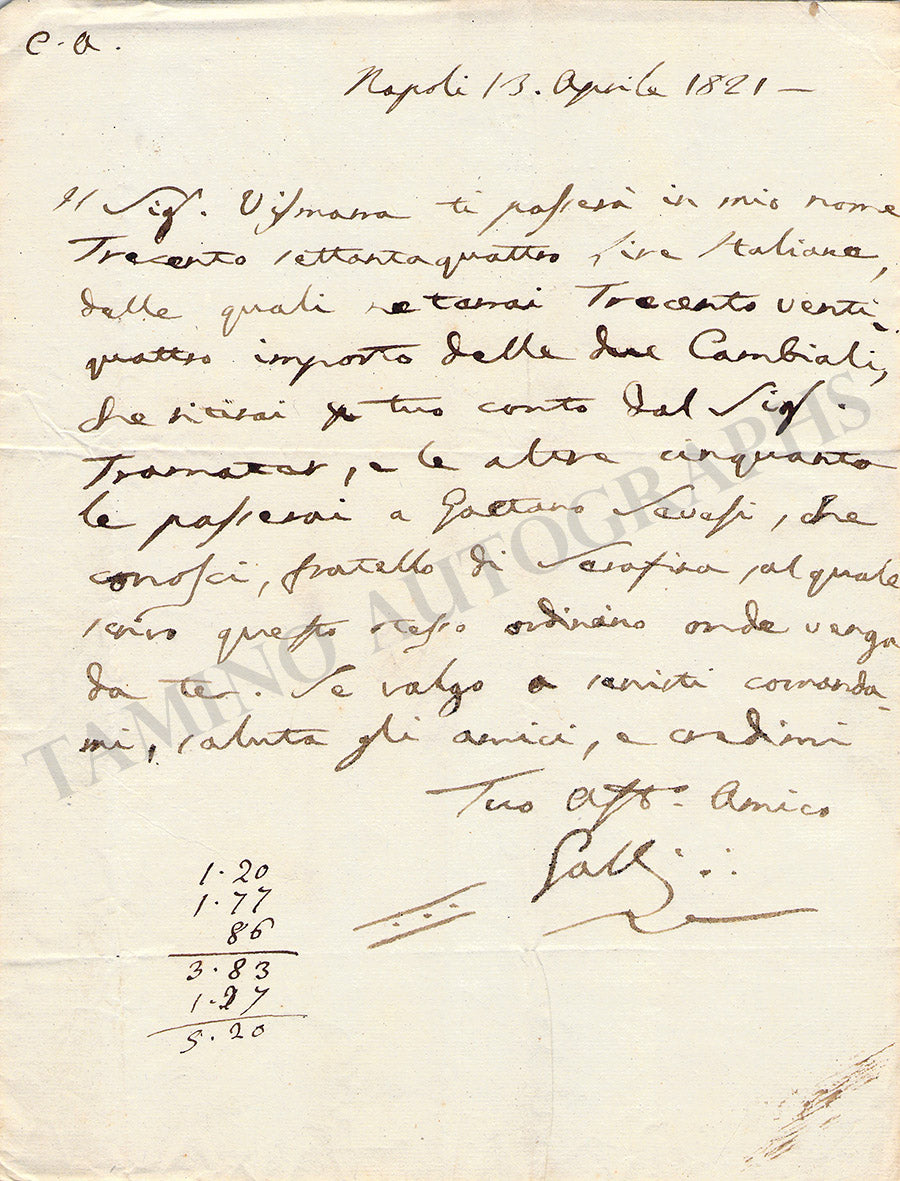 Filippo Galli Autograph Letters Signed 1821 & 1825 – Tamino