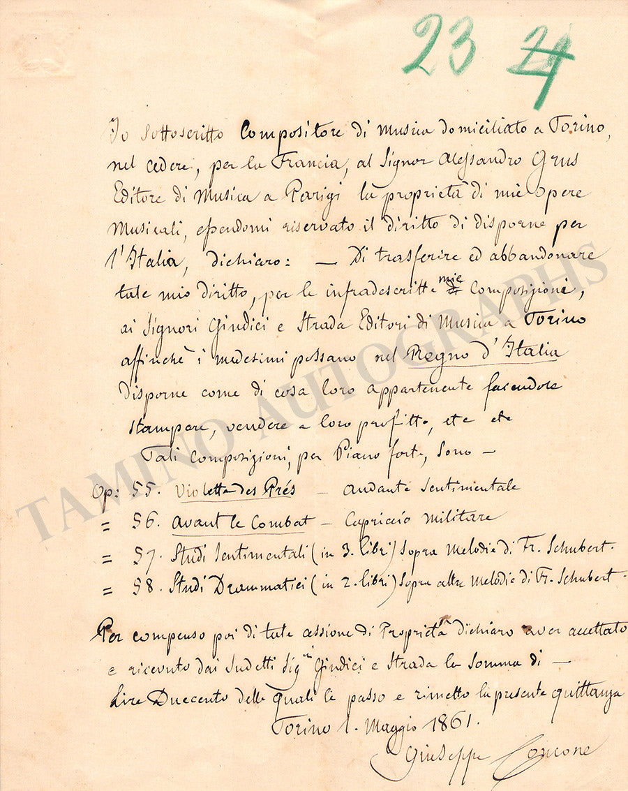 Giuseppe Concone Autograph Letter Signed – Tamino