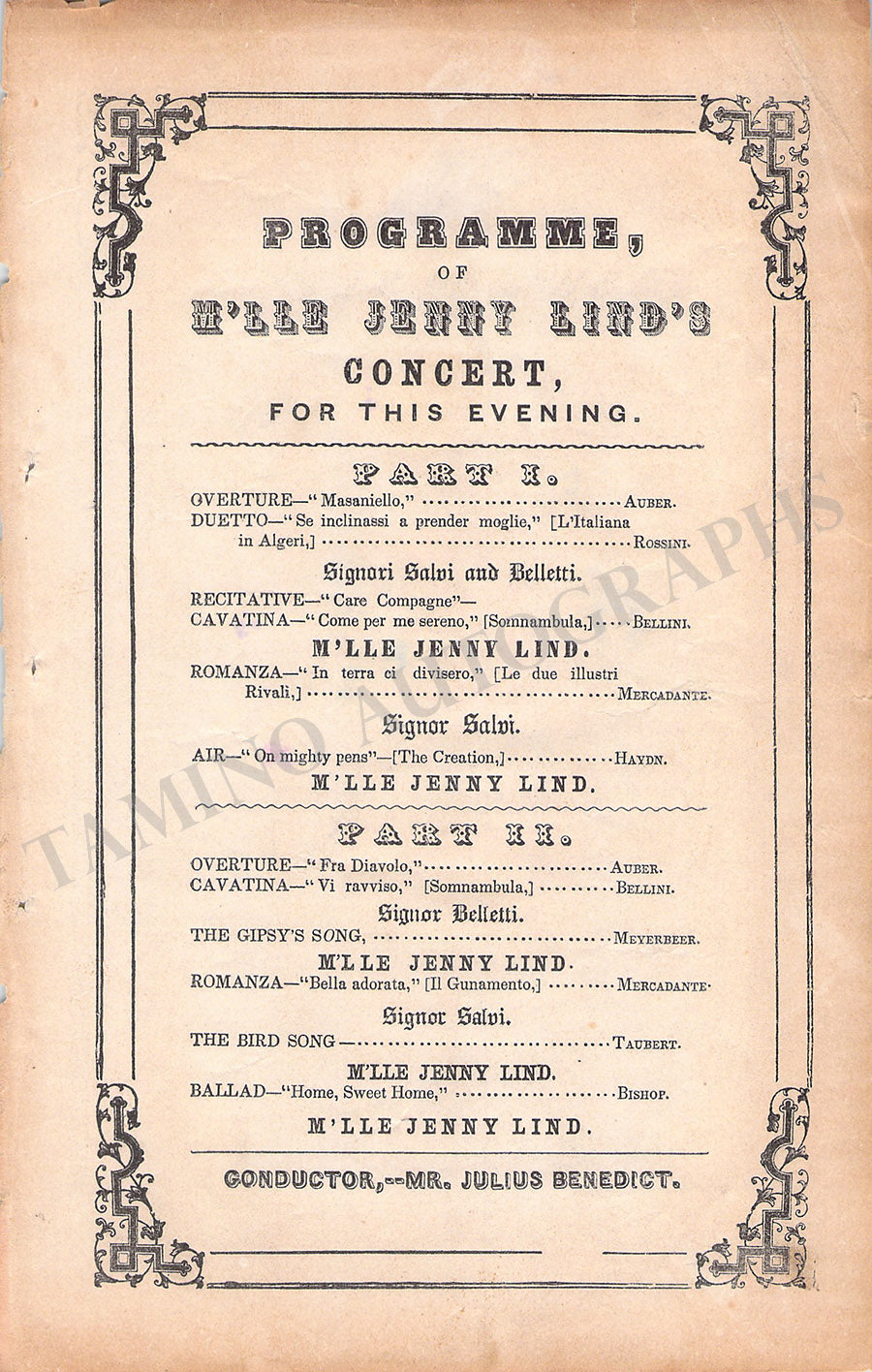 Jenny Lind Concert Program 1850 Unsigned – Tamino