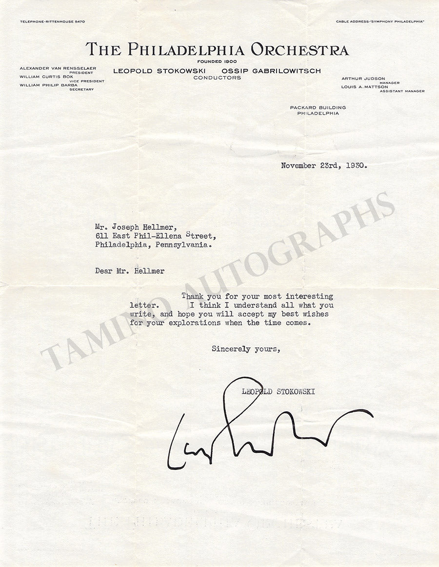 Leopold Stokowski Autograph Typed Letter Signed 1930 – Tamino