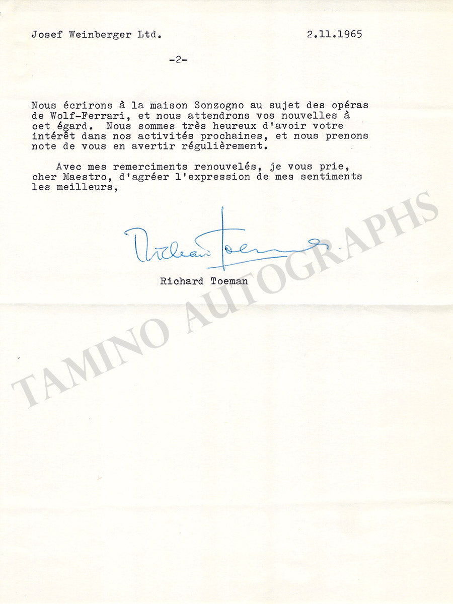Richard Toeman Autograph Typed Letter Signed 1965 – Tamino