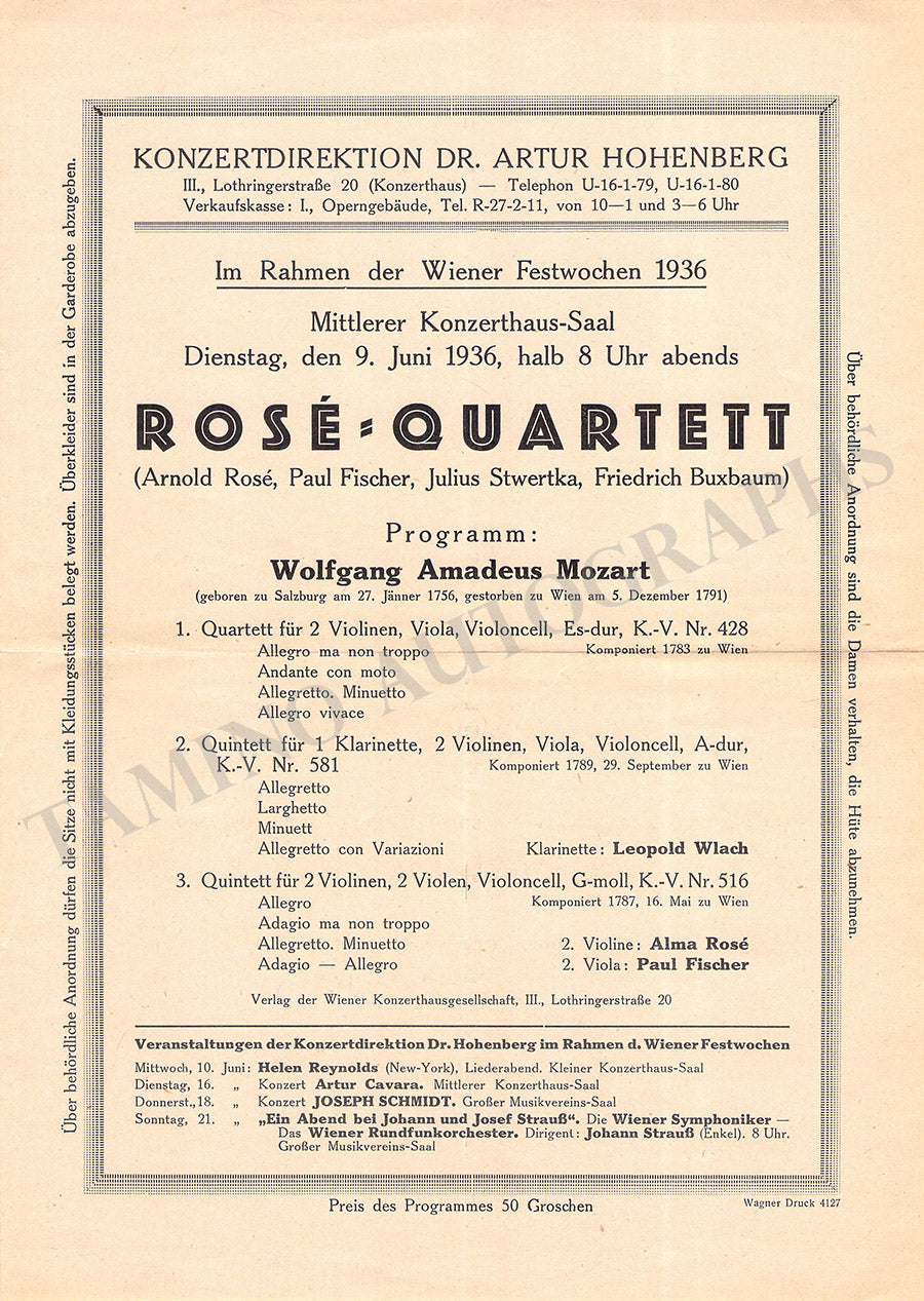 Rose Quartet Concert Programs 1895-1937 Lot x 14 – Tamino