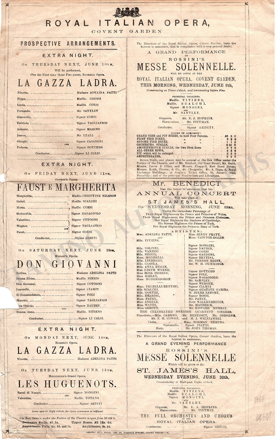 ROH Covent Garden Vintage Playbill 1868 – Tamino Autographs