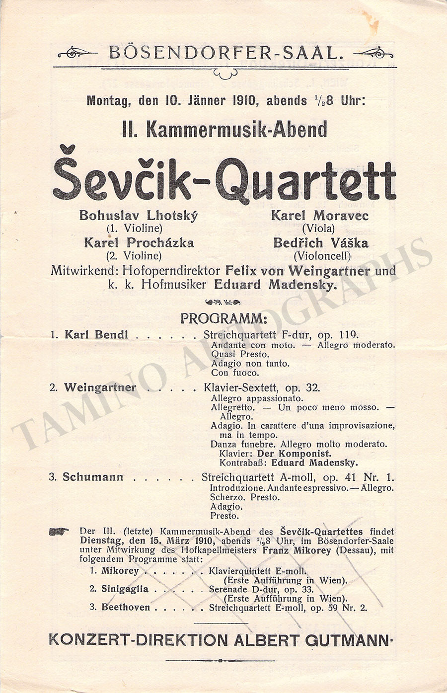 Sevcik Quartet Concert Program Vienna 1910 – Tamino