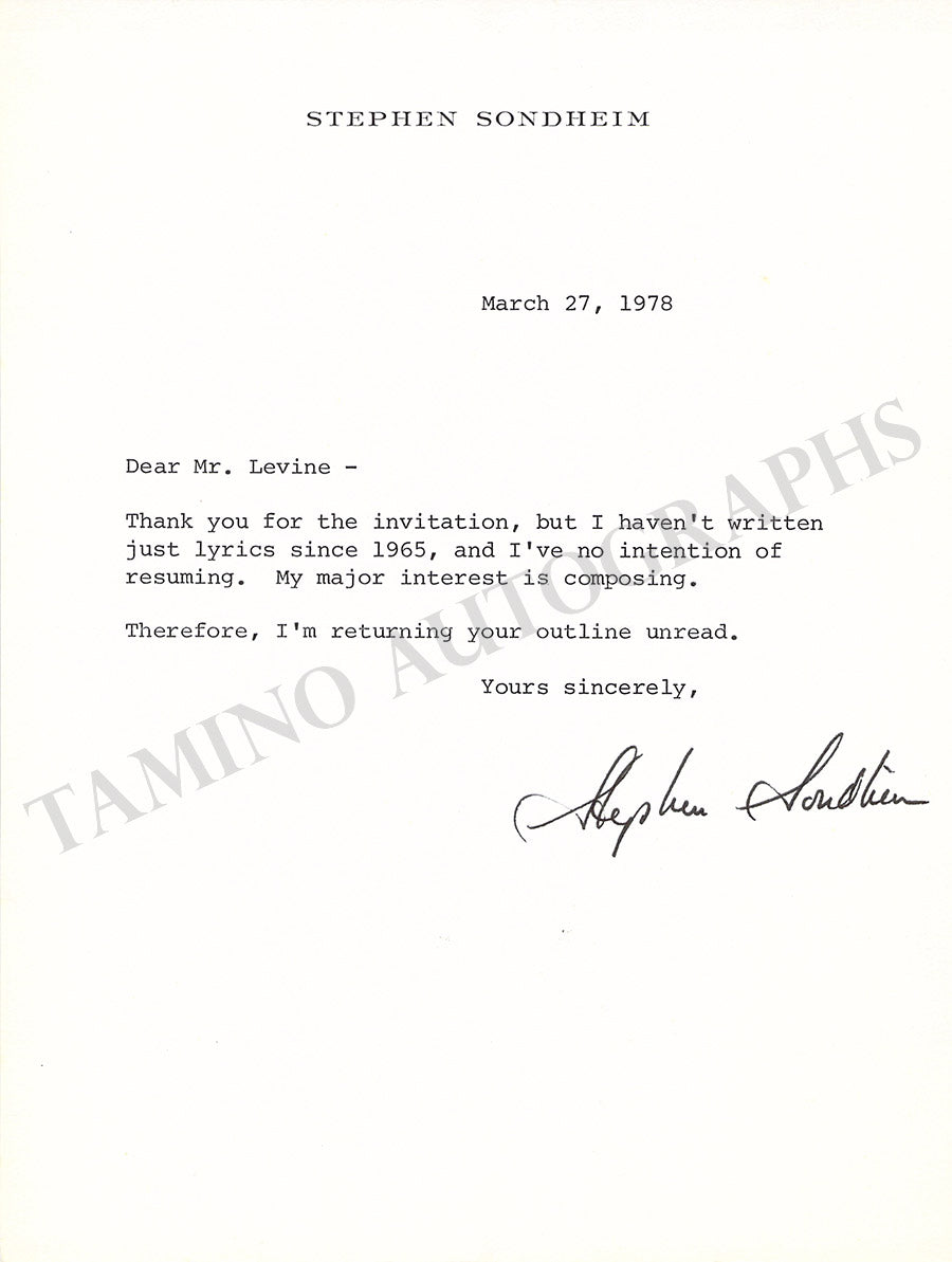 Stephen Sondheim Autograph Typed Letter Signed 1978 – Tamino
