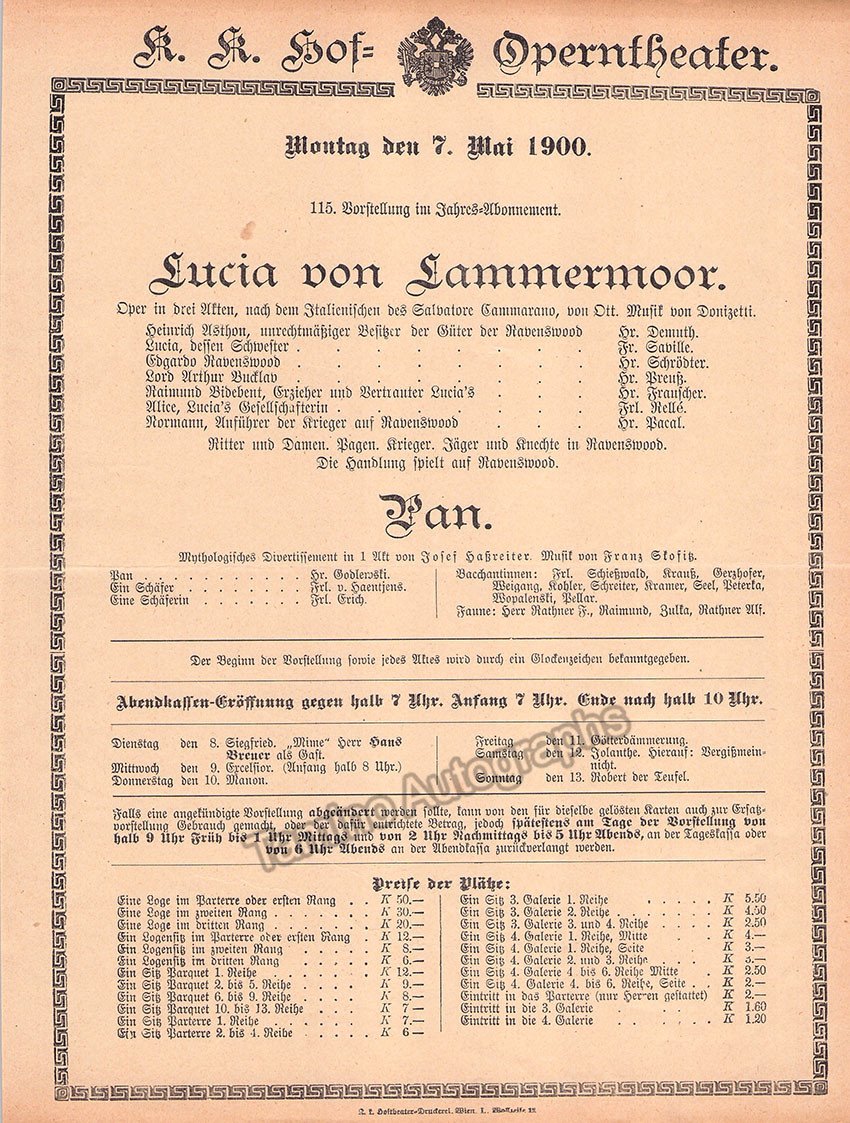Vienna State Opera - Program Lot 1900