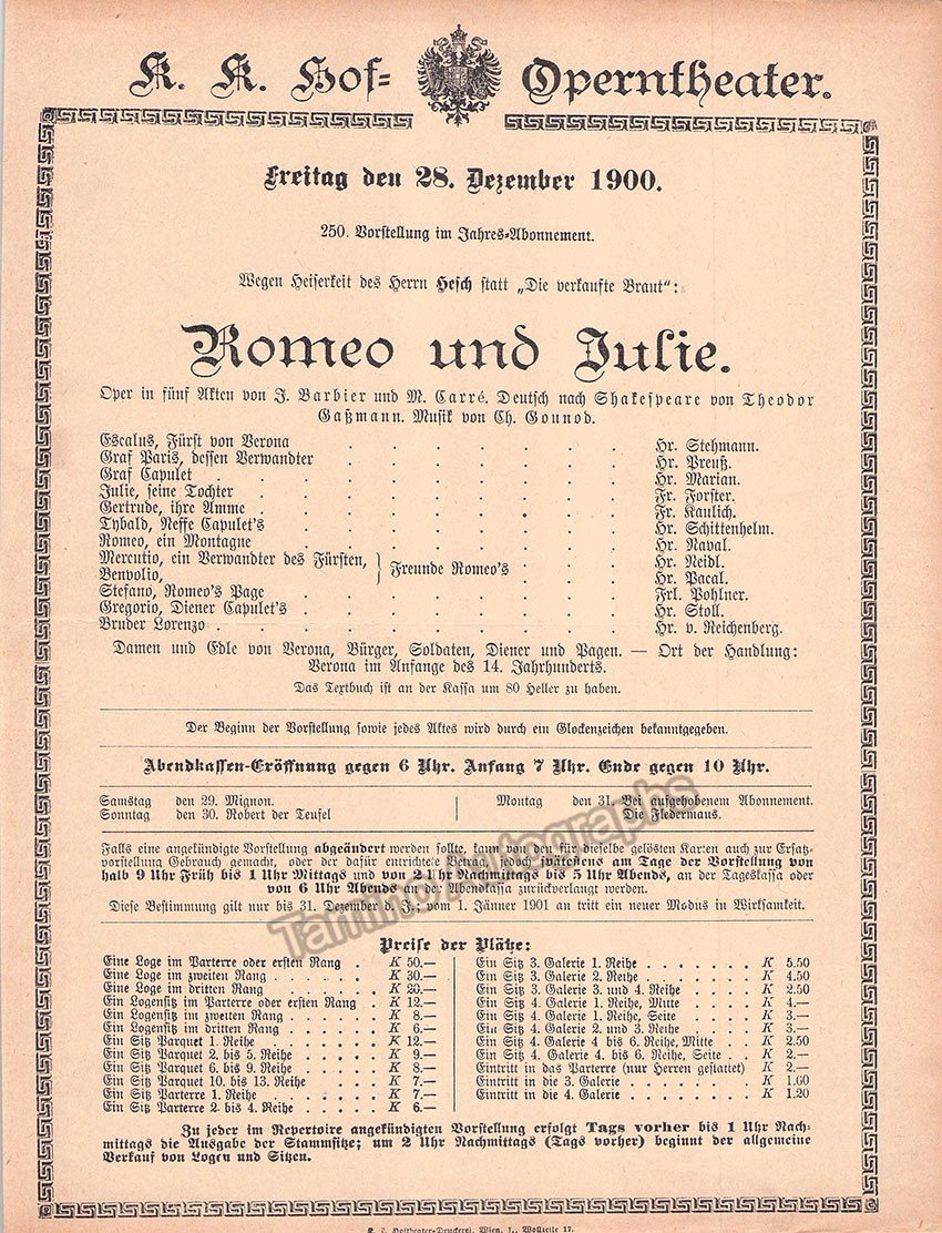 Vienna State Opera - Program Lot 1900