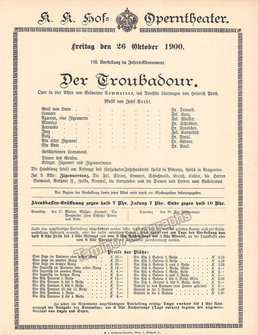 Vienna State Opera - Program Lot 1900