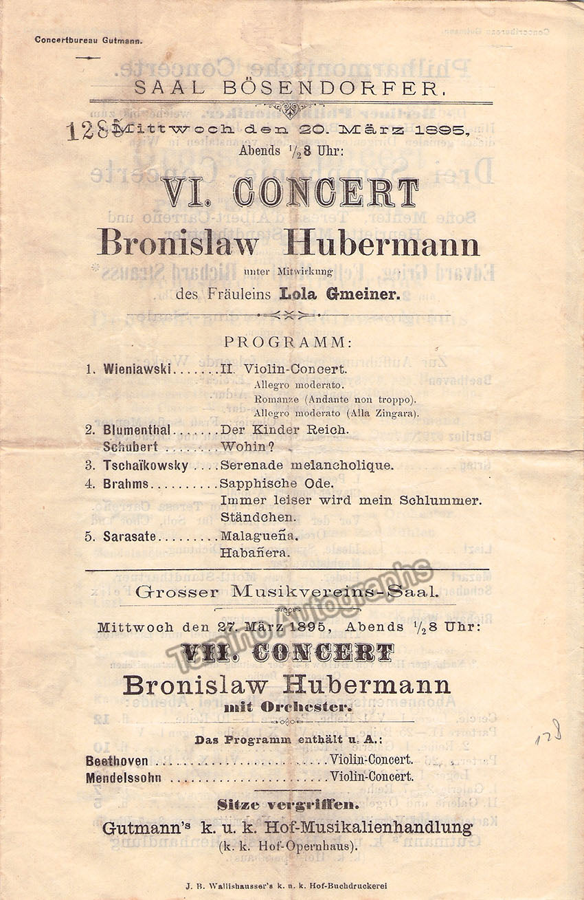 Huberman, Bronislaw - Concert Program Vienna 1895 and clip – Tamino