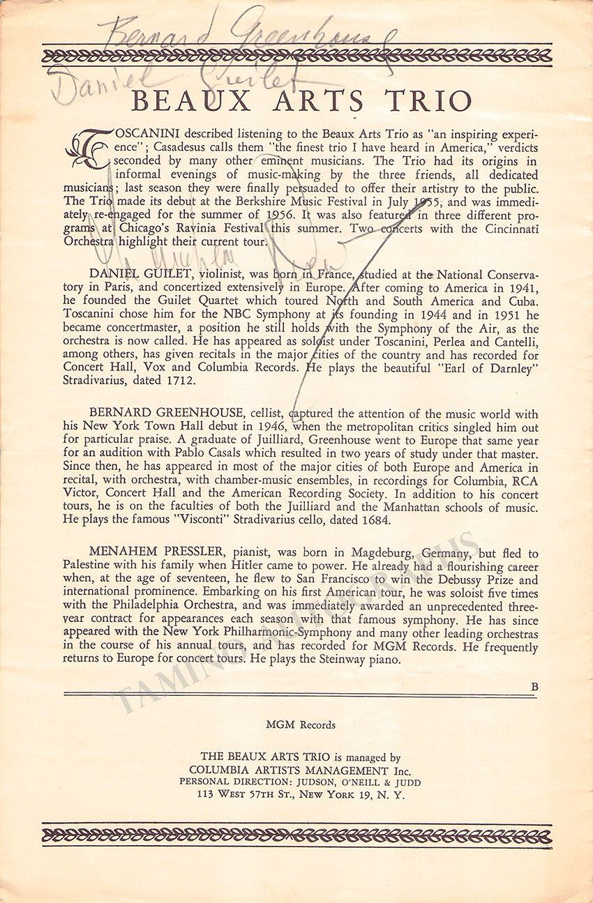 Beaux Arts Trio Autographs Signed Program New York 1956 – Tamino
