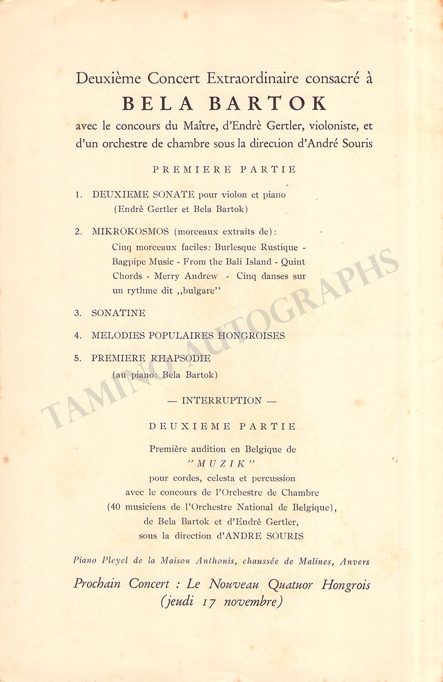 Bela Bartok Autograph Signed Progam Antwerp 1938 – Tamino