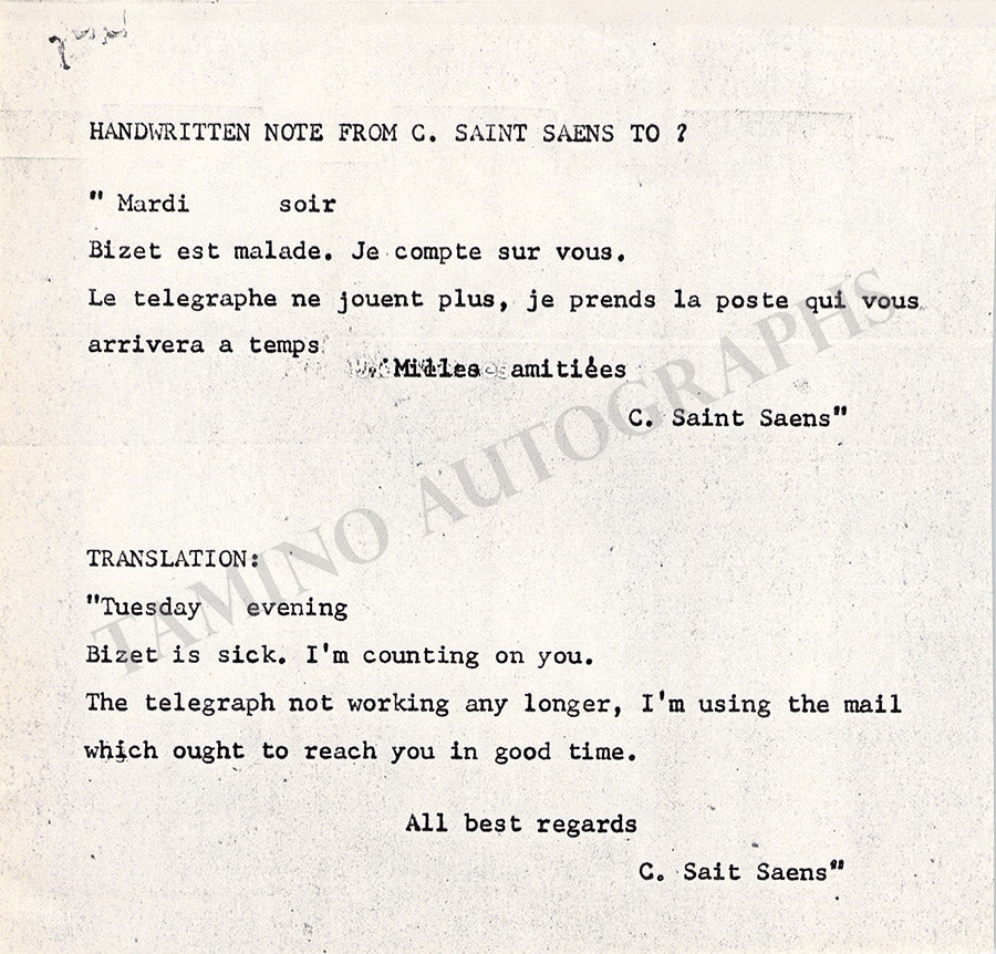Camille Saint-Saens Autograph Note Signed – Tamino