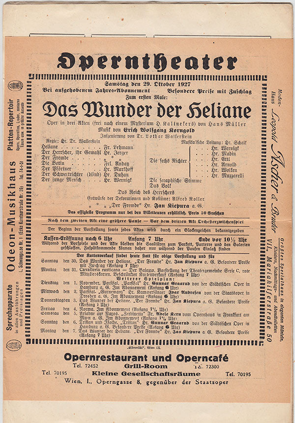 Korngold, Erich Wolfgang - "Das Wunder der Heliane" Unsigned Program f – Tamino