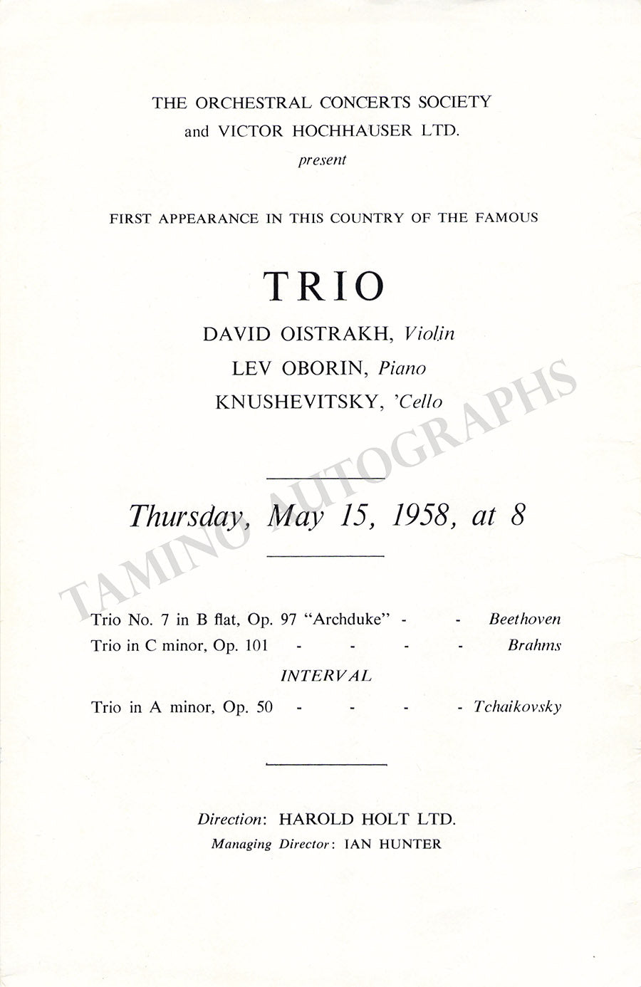 Oistrakh, Oborin, Knushevitsky AutographsProgram Page 1958 – Tamino