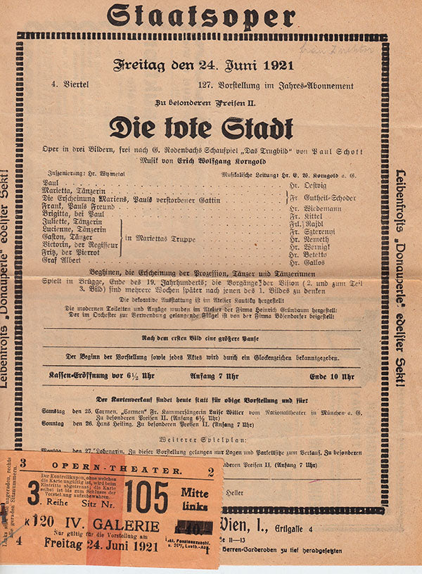 Korngold, Erich Wolfgang - "Die Tote Stadt" Playbill of performance co ...