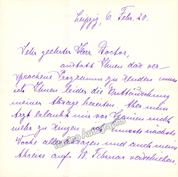 Elena Gerhardt Autograph Letter Signed 1920 – Tamino
