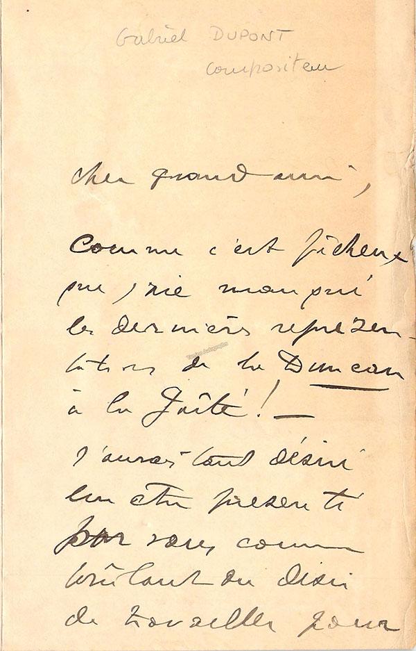 Gabriel Dupont Autograph Letter Signed – Tamino