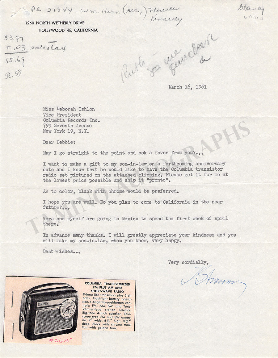 Igor Stravinsky autograph Signed Photograph Typed Letter – Tamino