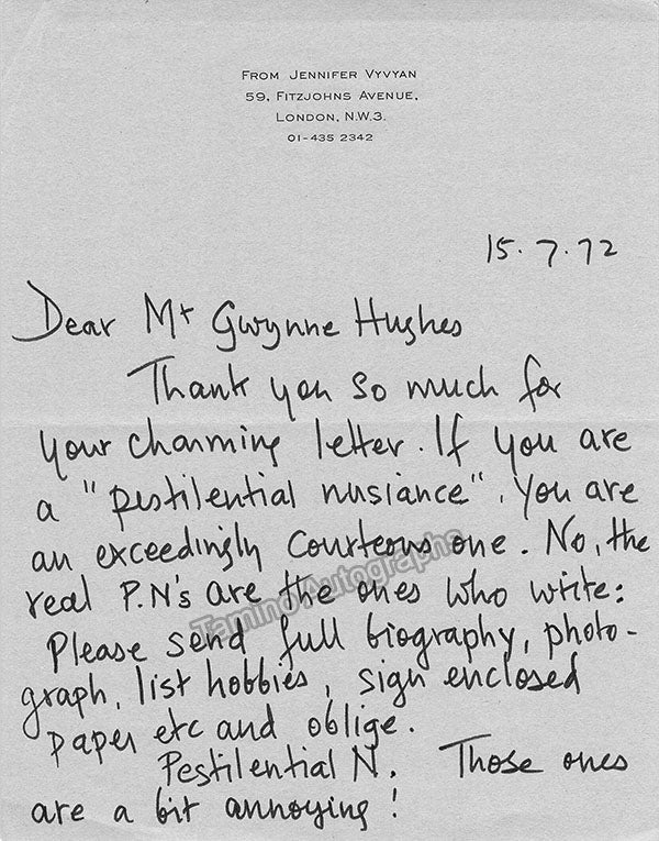 Jennifer Vyvyan Autograph Letter Signed 1972 – Tamino