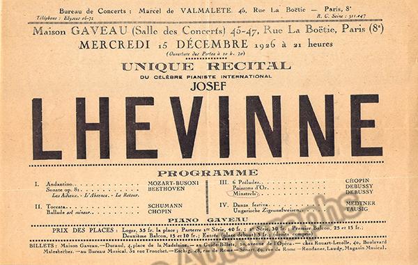 Lhevinne, Josef - Concert Playbill Paris 1926 – Tamino