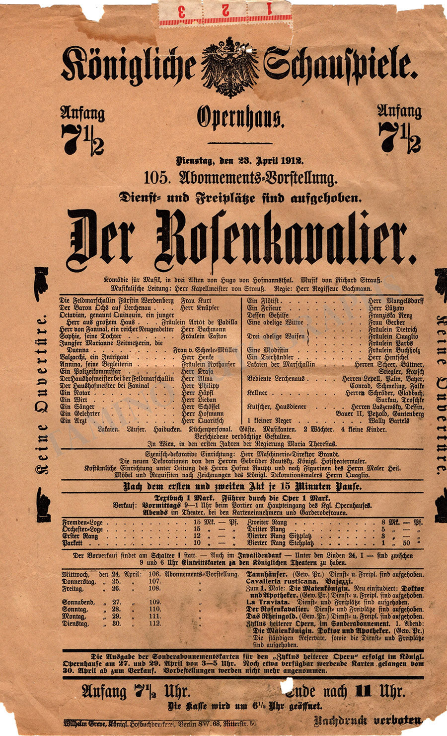 Der Rosenkavalier Opera Playbill Berlin 1912 – Tamino