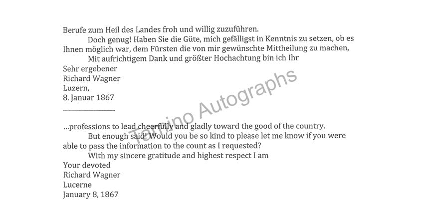 Richard Wagner Autograph Note Signed 1867 – Tamino