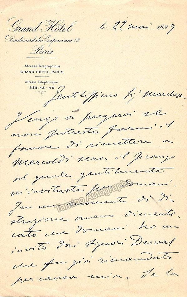 Ruggero Leoncavallo Autograph Letter Signed 1899 – Tamino