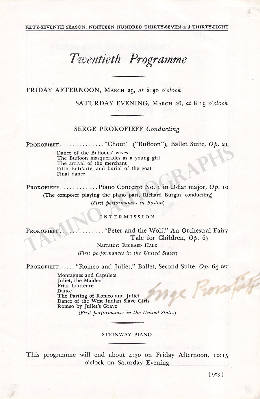 Sergei Prokofiev Autograph Page Program 1938 – Tamino