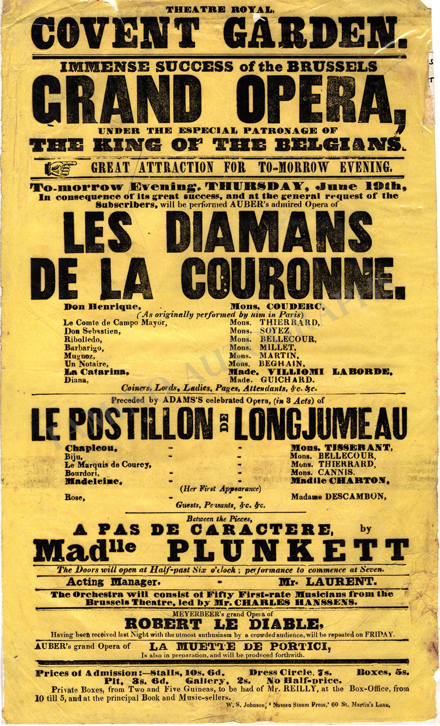 Opera & Theater Playbill Theatre Royal 1845 Auber – Tamino