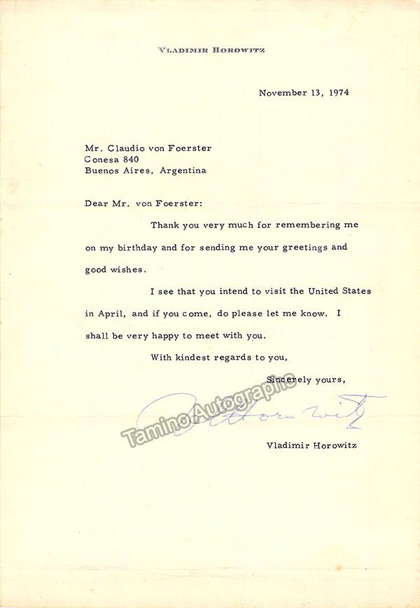 Horowitz, Vladimir - Typed Letter Signed 1974