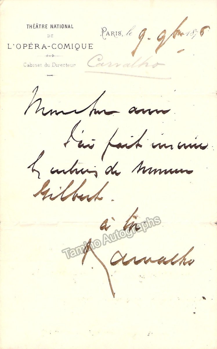 Leon Carvalho Autograph Note Signed 1876 – Tamino
