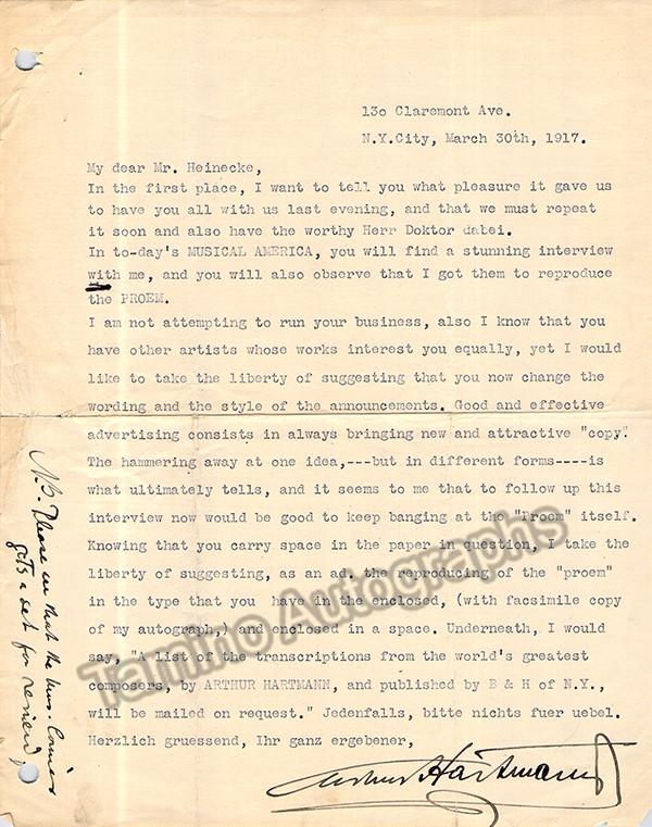 Arthur Hartmann Autograph Set of typed letters signed – Tamino