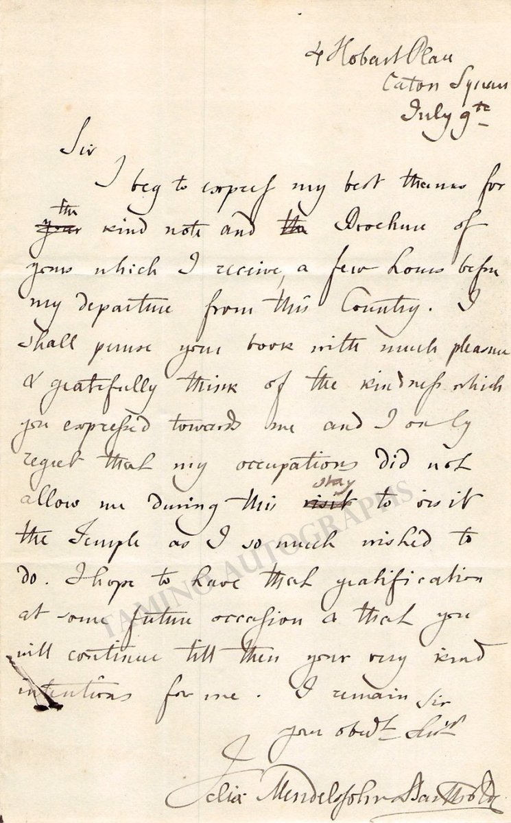 Felix Mendelssohn Autograph Letter Signed – Tamino