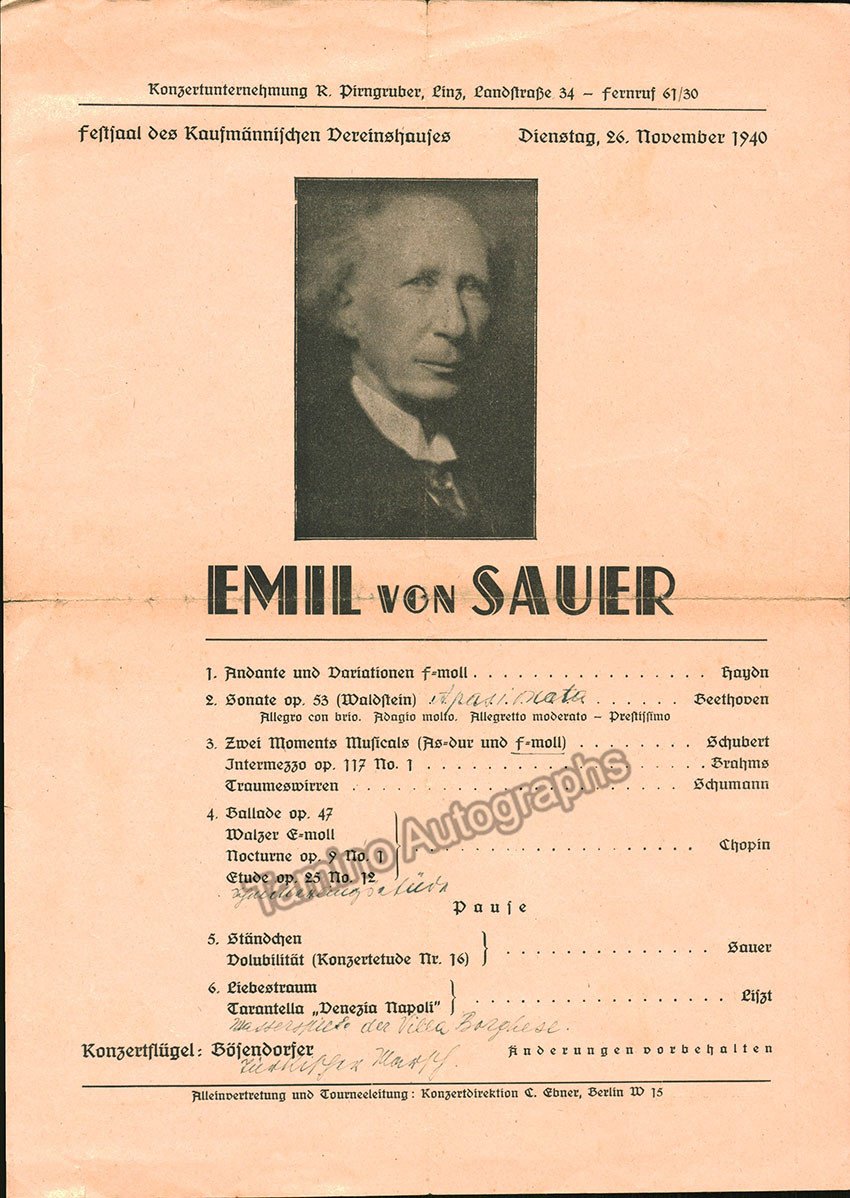 Sauer, Emil von - Concert Program 1940